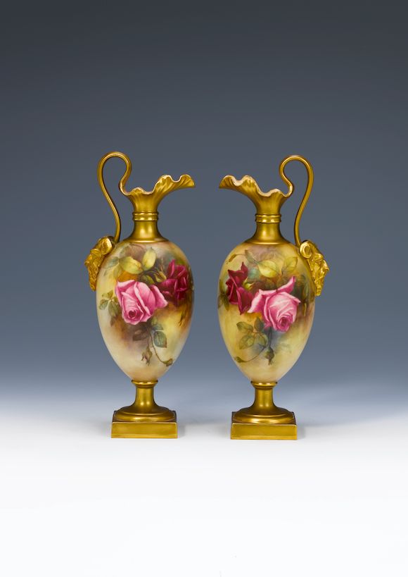 Bonhams : A pair of Royal Worcester ewers by Richard Sebright Dated 1914.