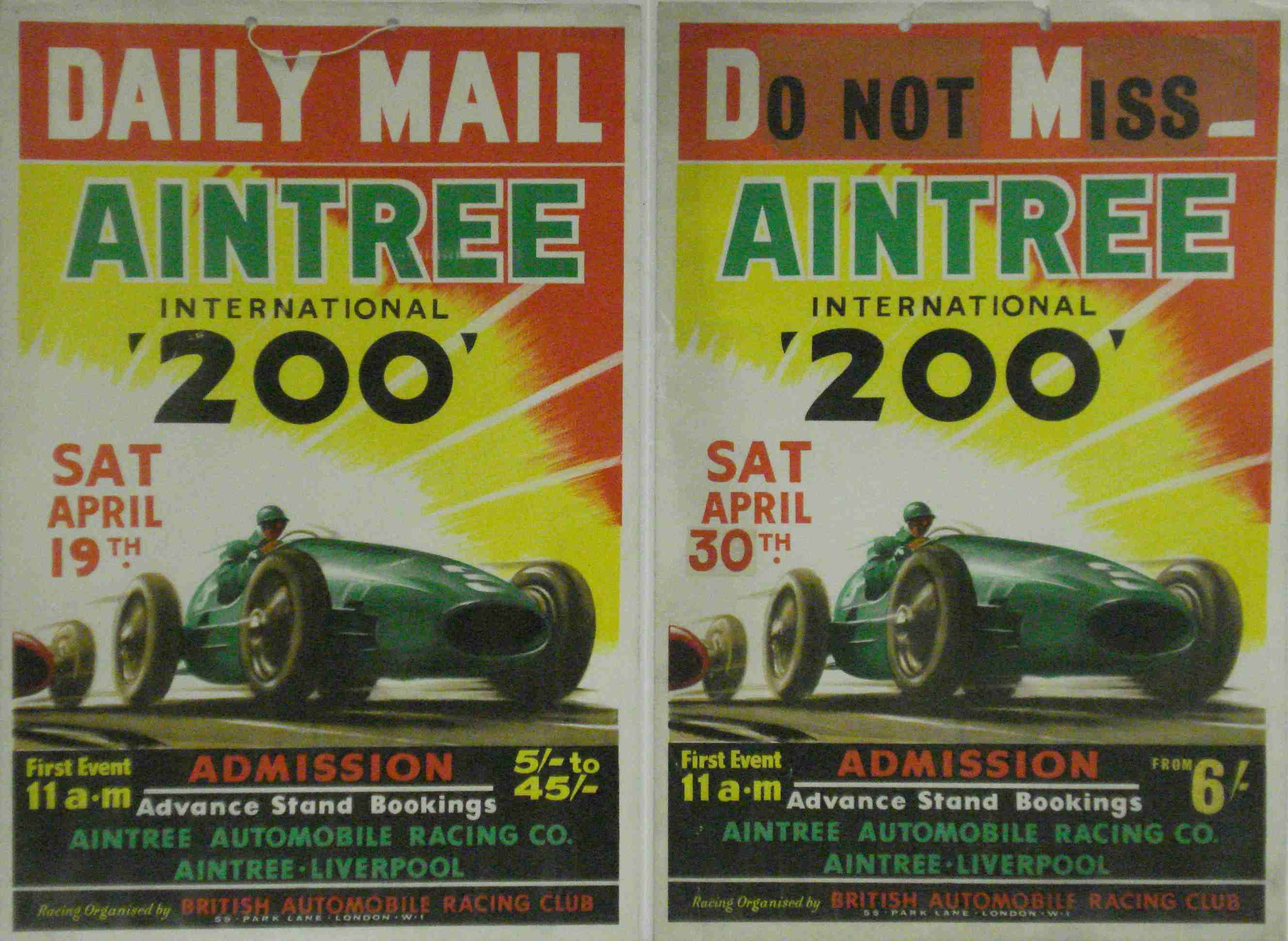 Bonhams Cars : Two Daily Mail Aintree International '200' display cards,