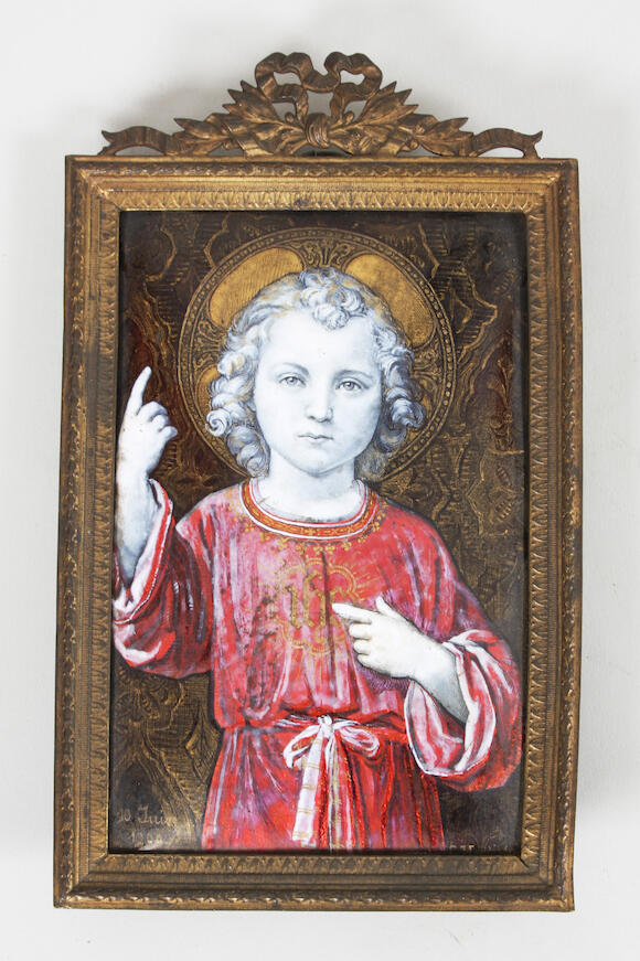 Bonhams : A French Limoges style polychrome enamel plaque, dated 10th June 1900