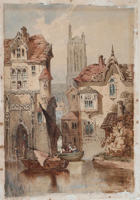 Bonhams : Samuel Prout A Flemish townscape monogram watercolour, 35cm x ...