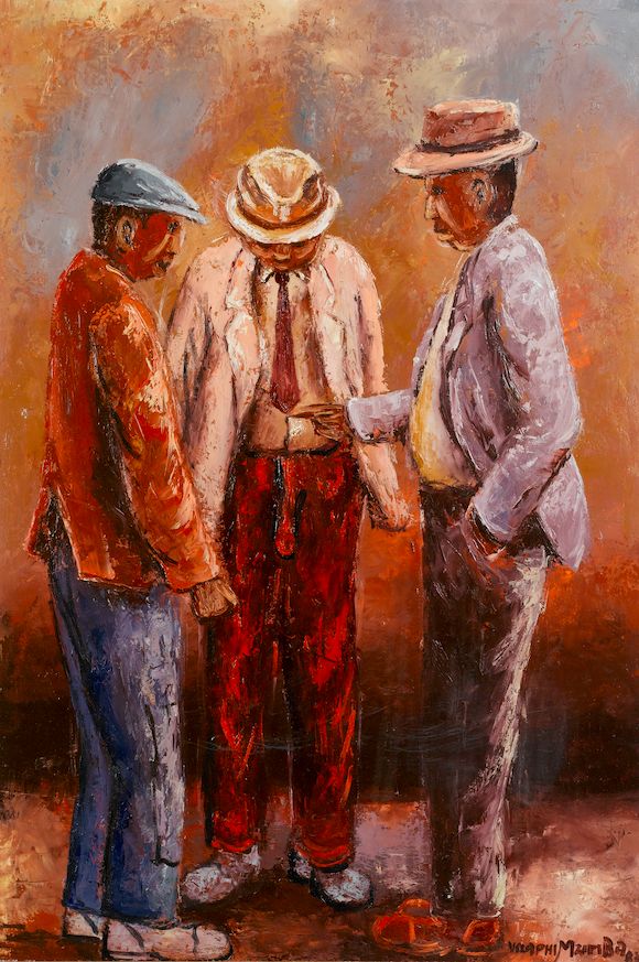 Bonhams : Velaphi Mzimba (South African, born 1959) Conversation in Soweto
