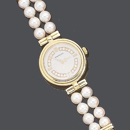 Bonhams : A cultured pearl and diamond watch, by Mikimoto