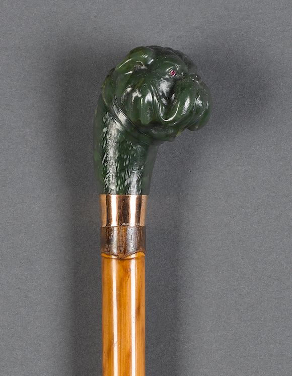 Bonhams : A jade and gold mounted dog walking cane, the nine carat gold ...