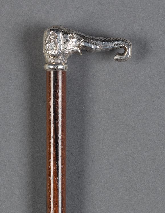 Bonhams : A silver mounted elephant walking cane, maker's mark J K ...