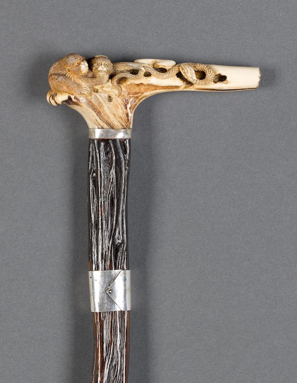 Bonhams : A Japanese antler mounted monkey walking stick,