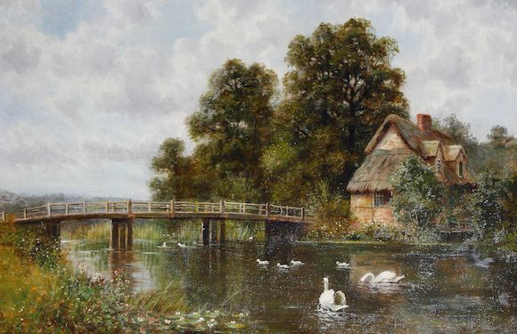 Bonhams : Daniel H. Winder (British, 1880-1920) Swans on a river before ...