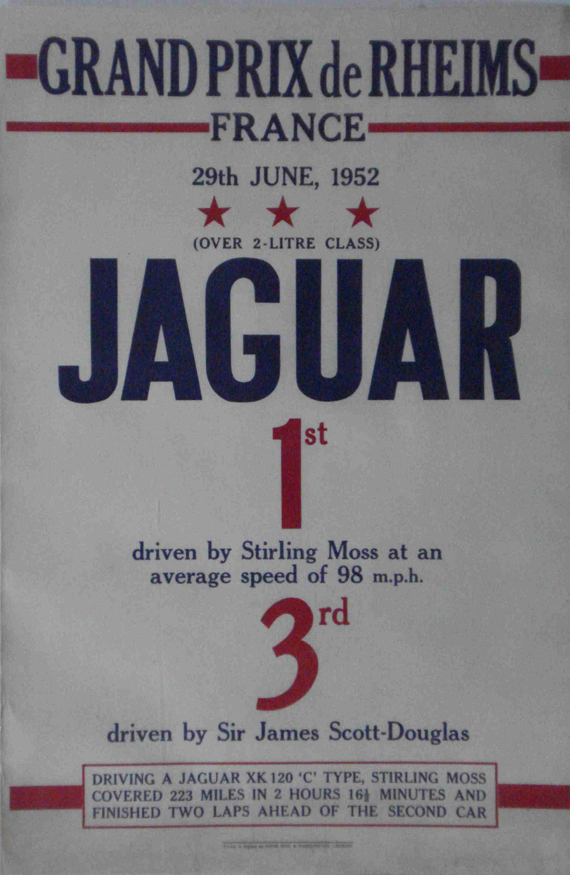 Bonhams Cars : A 1952 Grand Prix de Rheims Jaguar victory poster,