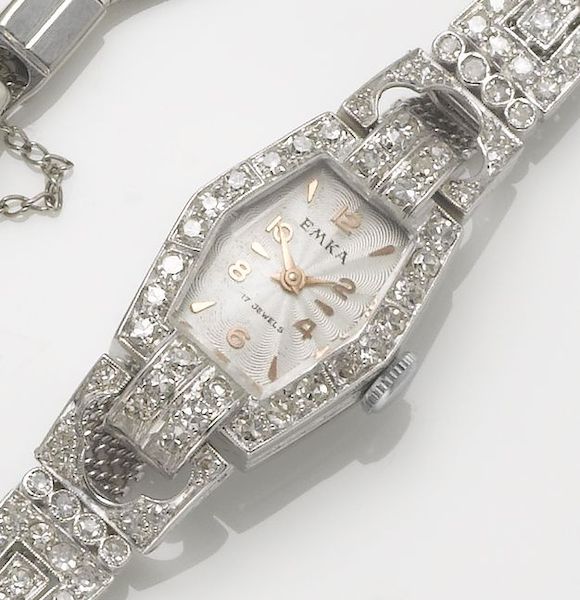 Bonhams : Emka. A lady's platinum diamond set cocktail watch 1930's