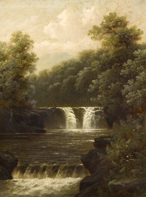 Bonhams : Daniel H. Winder (British, 1880-1920) Woodland waterfalls