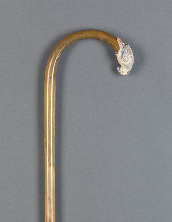 Bonhams : An early 20th century polychromed ivory parrot walking stick,