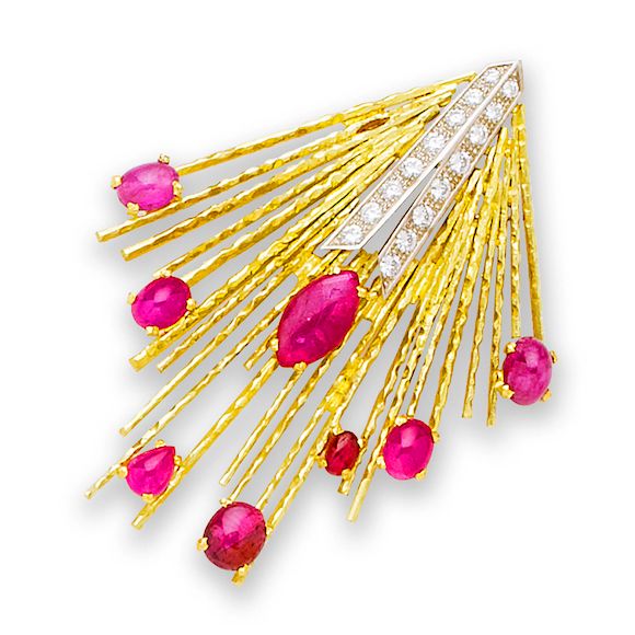 Bonhams : A ruby and diamond brooch, by Grima,