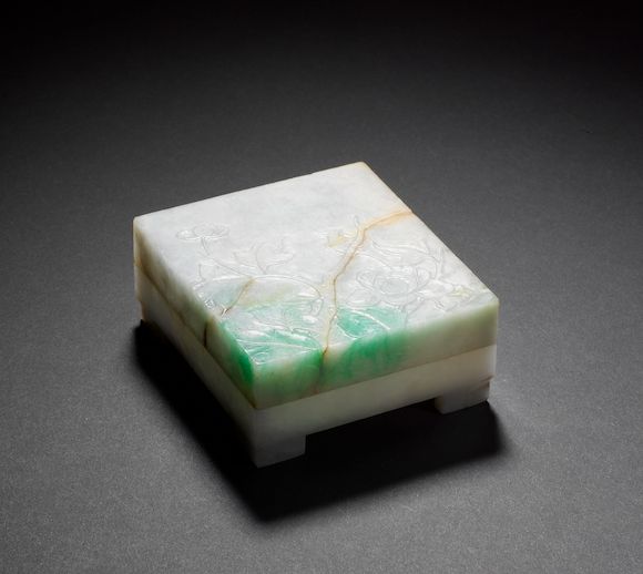 Bonhams : A mottled white/green jadeite box and cover 19th Century