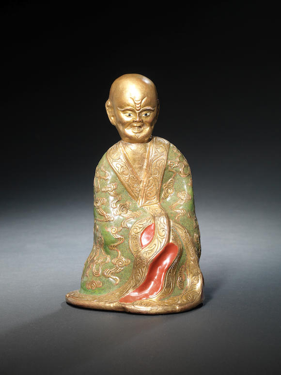Bonhams A Repoussé Enamel And Gilt Copper Alloy Figure Of A Luohan