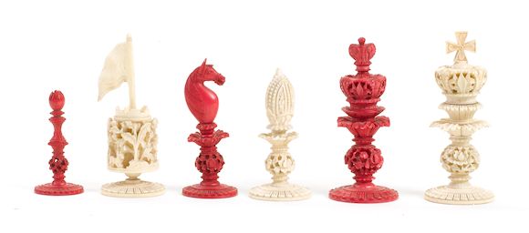 Bonhams : A "Burmese Pattern" ivory chess set, Macao, circa 1820,