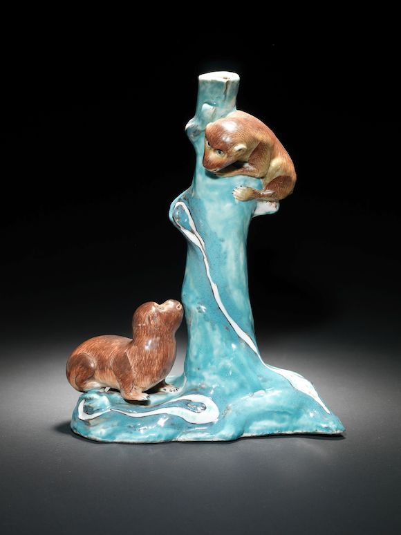 Bonhams : A Guangdong and sepia 'treetrunk and monkeys' candlestick ...