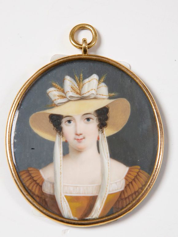 Bonhams : English School, circa 1825, A Lady, wearing brown dress, her ...