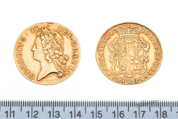 Bonhams : George II, Two Guineas, 1738, old laureate head left, with ...