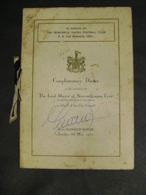 Bonhams : 1951 Newcastle F.A. Cup Final hand signed dinner menu