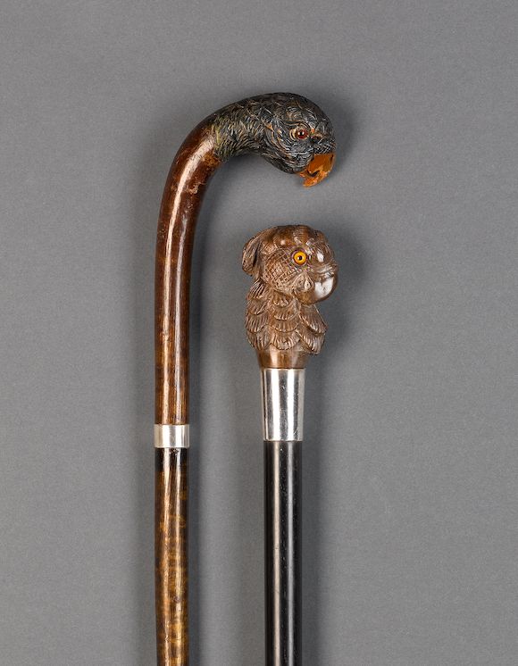 Bonhams : A carved wooden parrot walking cane,