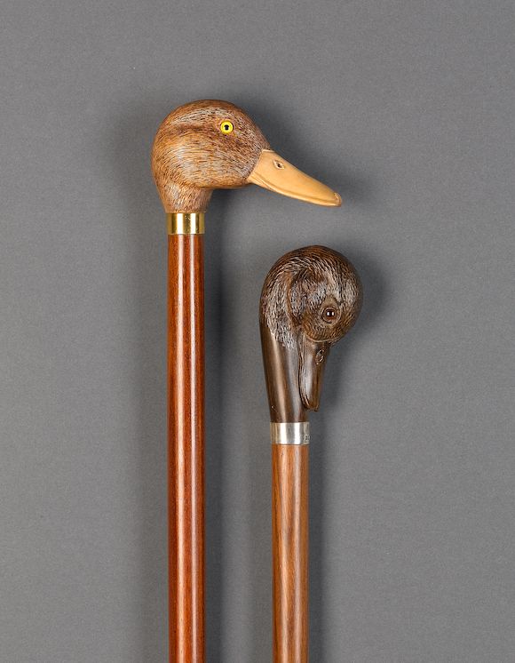 Bonhams : A contemporary sycamore mounted duck walking cane,