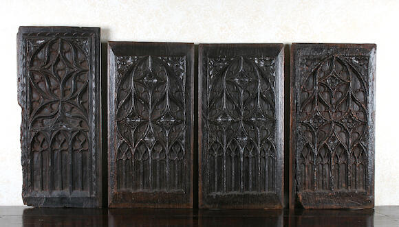 Bonhams : A set of three carved oak tracery panels in the Gothic style