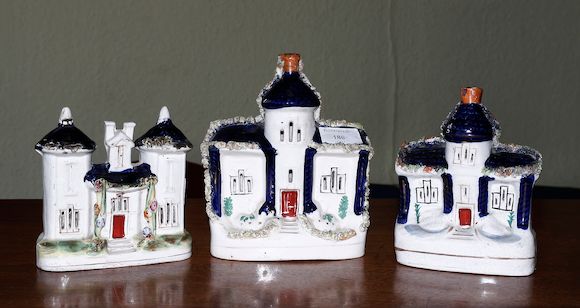 Bonhams : Three Staffordshire pottery models of buildings 19th Century,