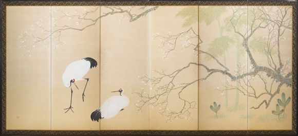 Bonhams : A Rimpa style six leaf screen