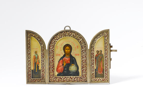 Bonhams : A Russian silver-gilt, lacquer and enamel triptych iconPavel Ovchinnikov, Moscow ...