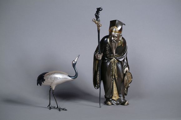 Bonhams : A Japanese inlaid shibuichi figure of Jurojin and his stag ...