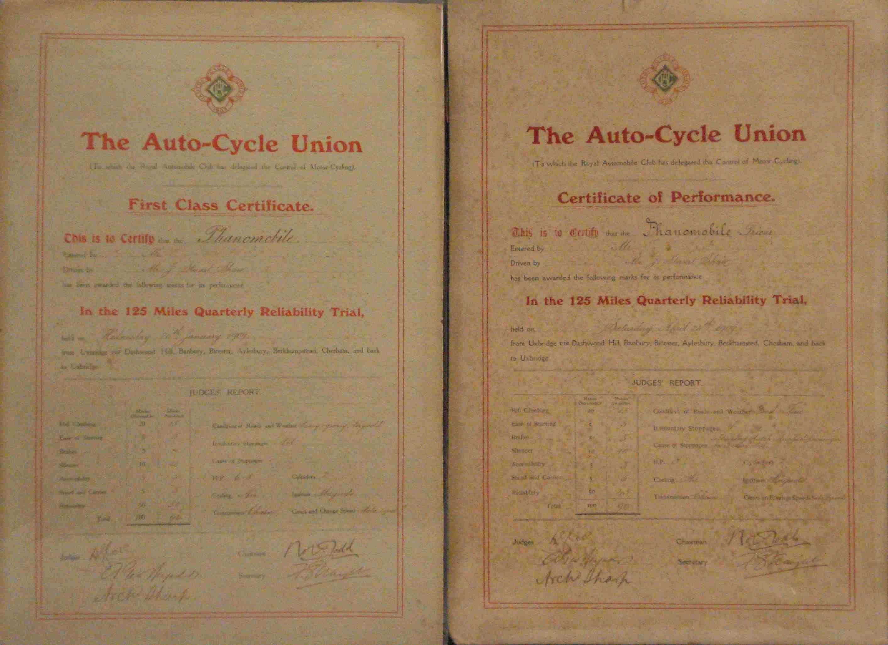 Bonhams Cars : Two Auto-Cycle Union Reliability Trial certificates for ...