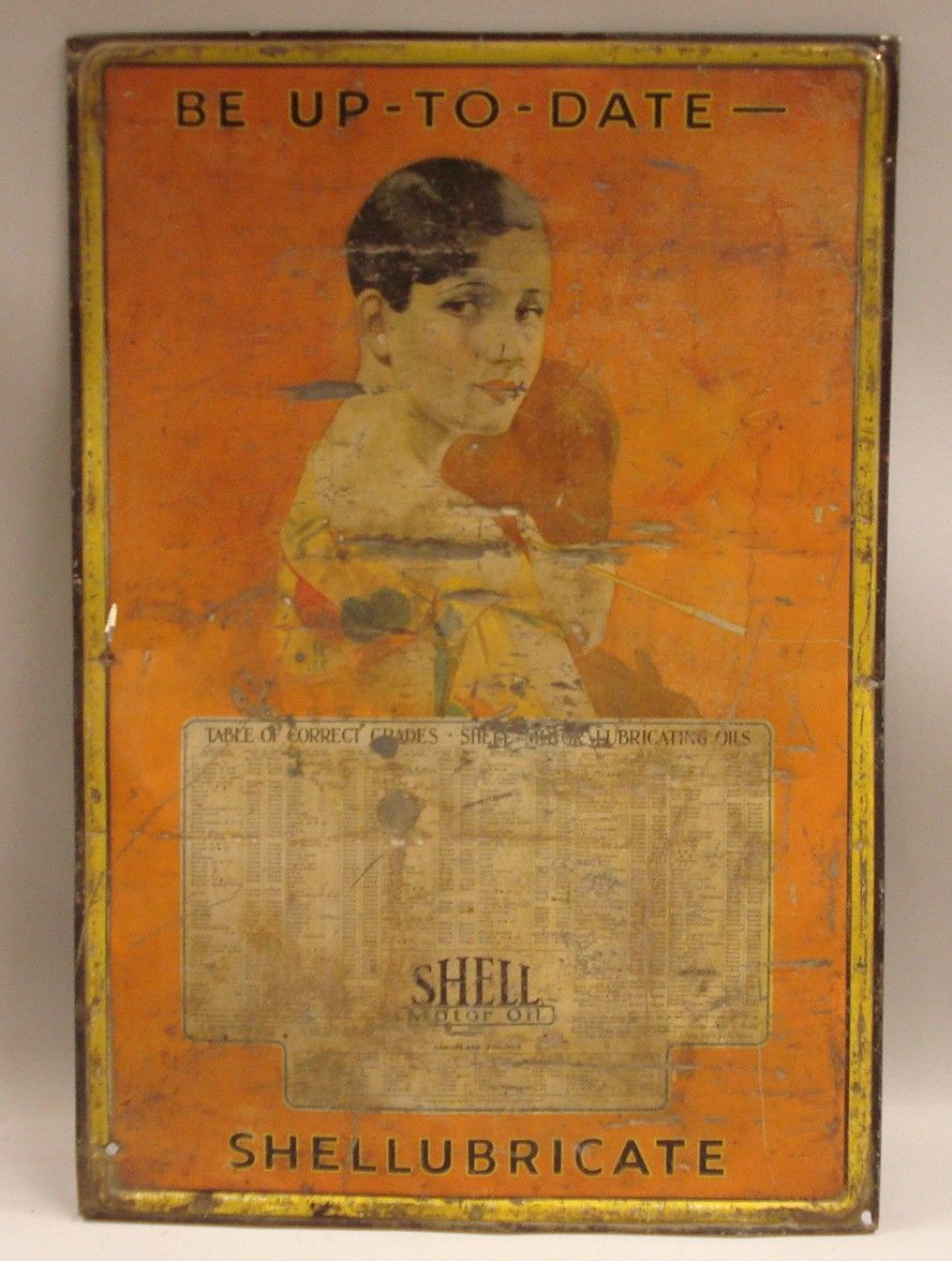 Bonhams Cars : A Shell 'Be-Up-To-Date-Shellubricate' printed tin sign ...