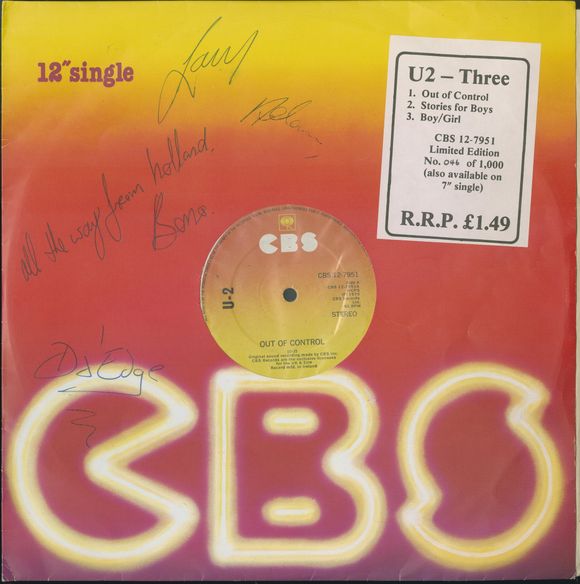 Bonhams : A rare autographed pressing of the 12inch single 'U2: Three', 1981,