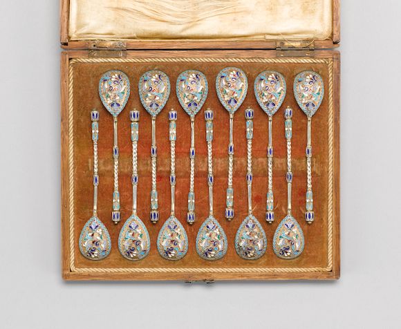 Bonhams : Twelve cased Russian silver-gilt and enamelled teaspoons, all ...
