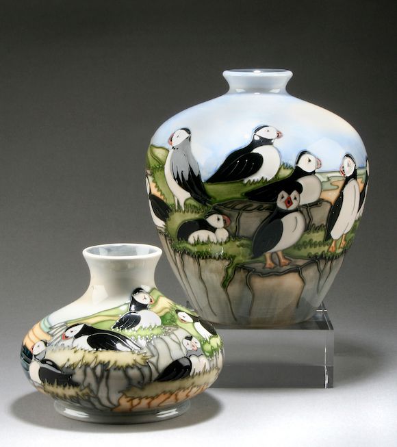Bonhams : Two Moorcroft 'Puffins' vases by Carole Lovatt