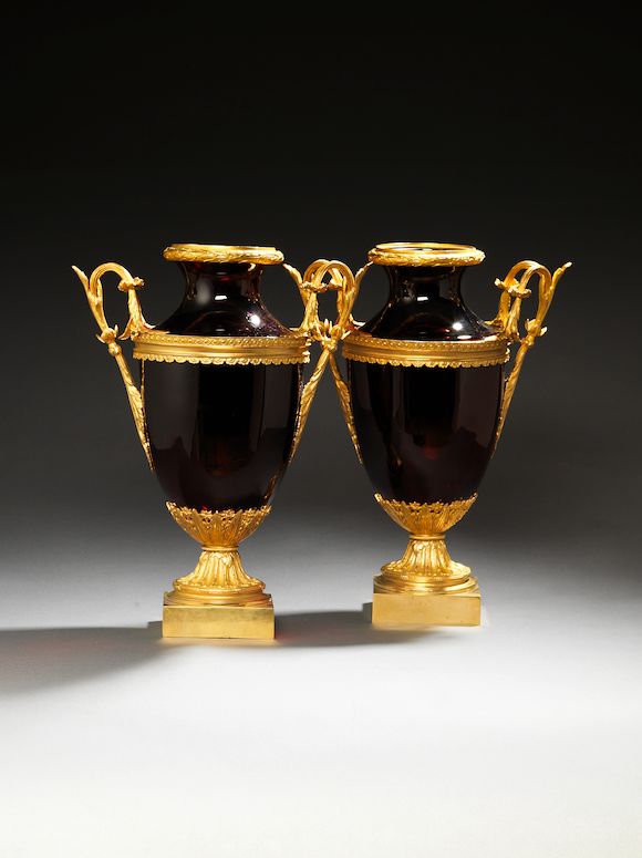 Bonhams : A pair of French gilt-metal mounted ruby-tinted two-handled ...