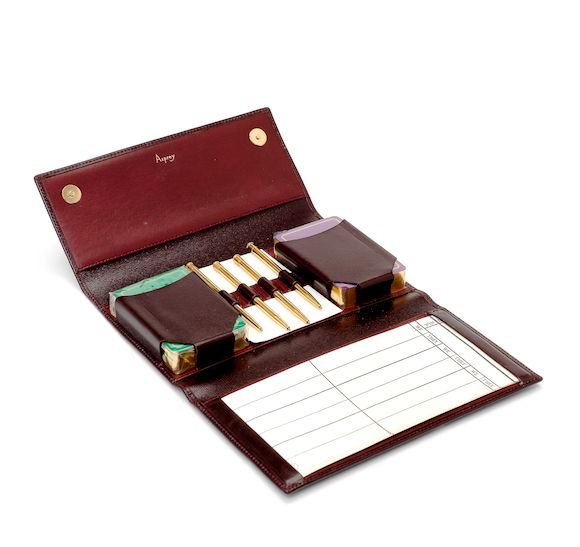 Bonhams : A 20th century leather cased bridge set, gilt stamp "Asprey",