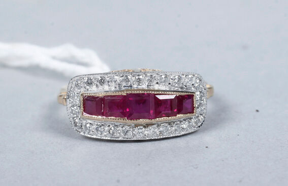 Bonhams : An inline square cut ruby and brilliant cut diamond cluster ring