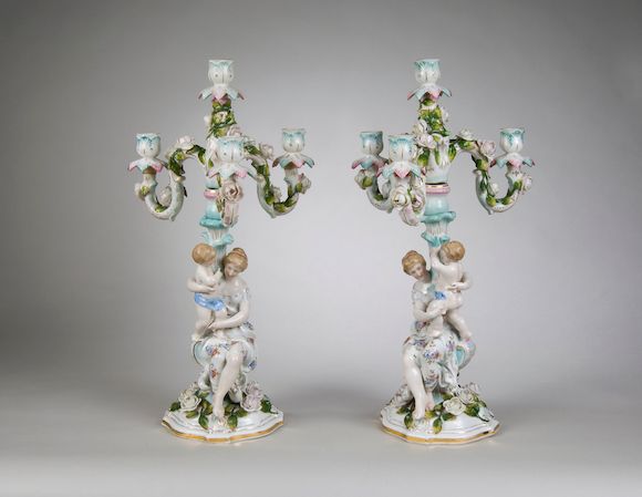 Bonhams : A pair of late 19th century Dresden figural candlesticks