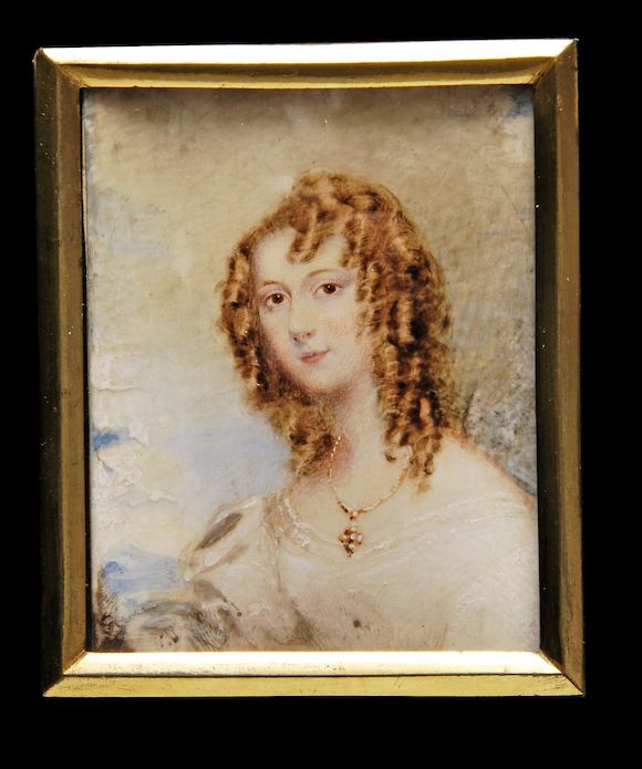 Bonhams : English School, circa 1830 A Lady, wearing white dress, a ...