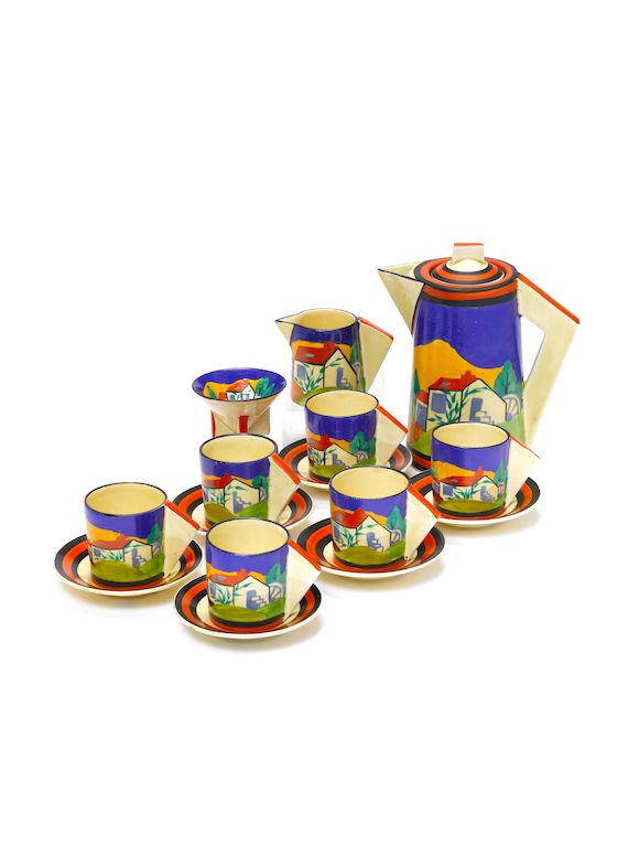 Bonhams : Clarice Cliff 'Applique Blue Lugano' a Conical coffee set for ...