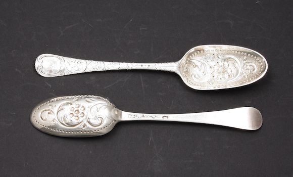 Bonhams : A pair of George III later embossed silver spoons Maker's ...