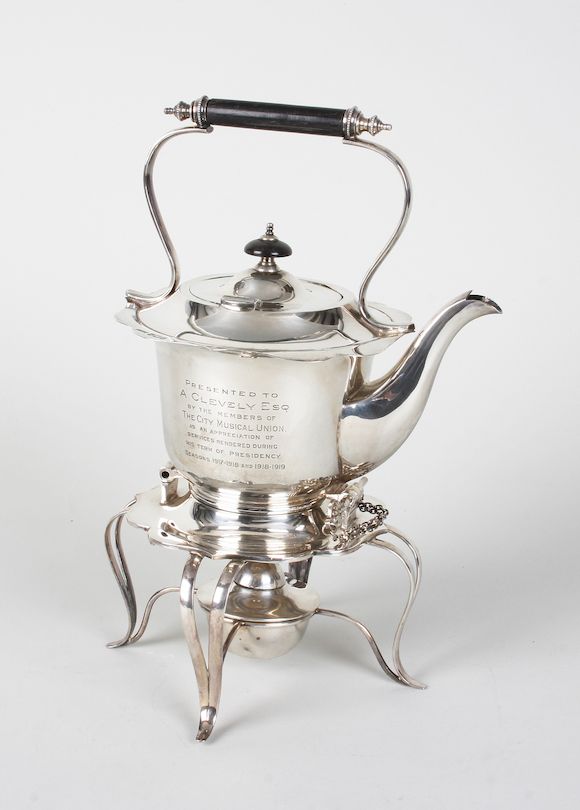 Bonhams : An Edwardian silver tea kettle, spirit heater and stand Maker ...