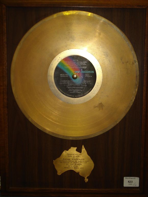 Bonhams : A 'Gold' award for the album 'Evita - Premiere Australian ...