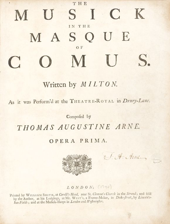 Bonhams : ARNE (THOMAS) The Musick in the Masque of Comus. Written by ...