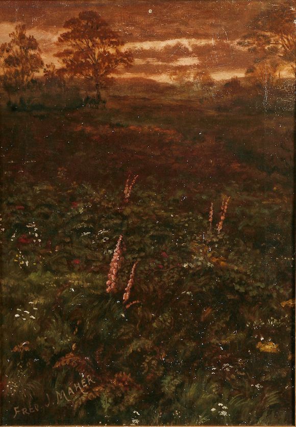 Bonhams : Fred J. Maher Rural scene with ferns and trees, signed, oil ...
