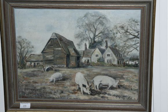 Bonhams : British School, 20th Century Pigs before a farmstead 34 x 44cm.