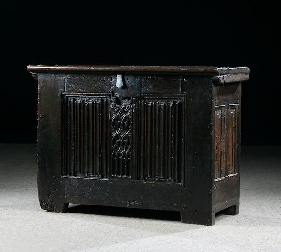 Bonhams : A rare 16th Century linen fold coffer, of slender proportions