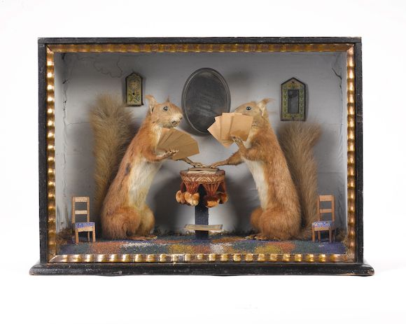 Bonhams : A good taxidermy scene of a pair of red squirrels playing cards