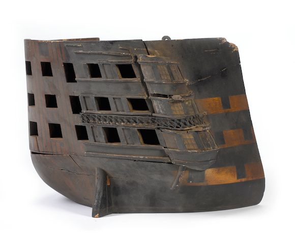 Bonhams : A painted ship's stern model 15cm wide, 25cm deep, 22cm high.
