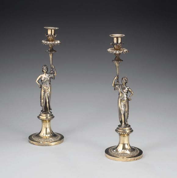 Bonhams : A pair of George III silver-gilt figural candlesticks, by ...